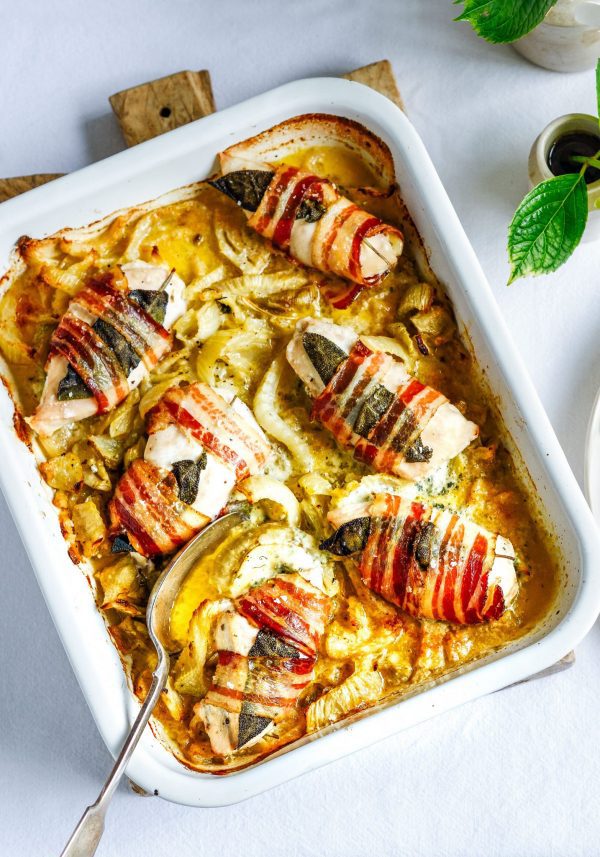 pancetta wrapped chicken with blue cheese & sage on creamy braised ...