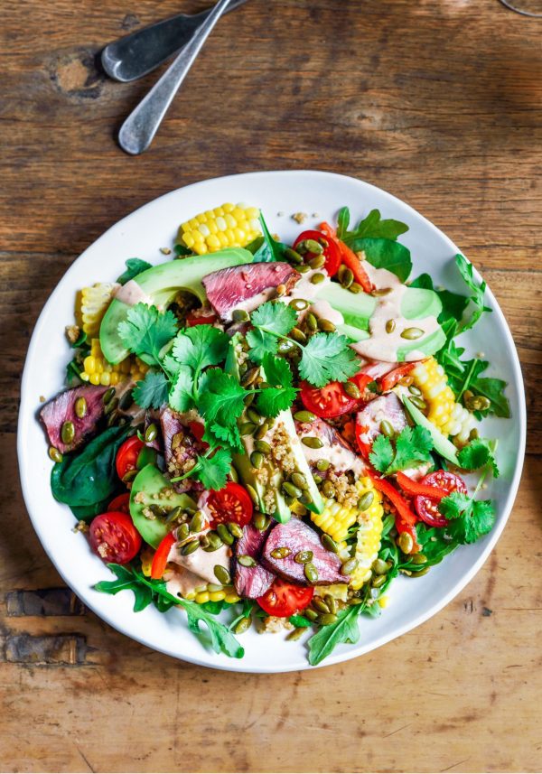 mexican beef salad with quinoa, avo, corn & light smoky paprika mayo ...